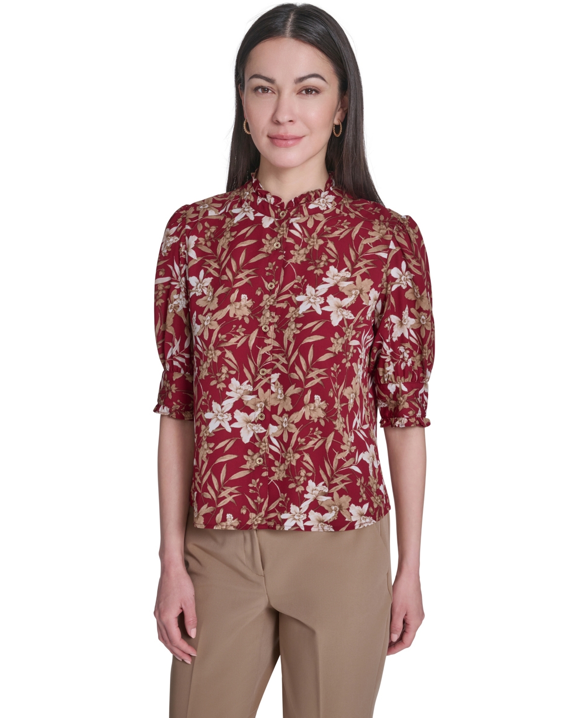 Click here for Tommy Hilfiger Womens Ruffle Puff-Sleeve Collared... prices