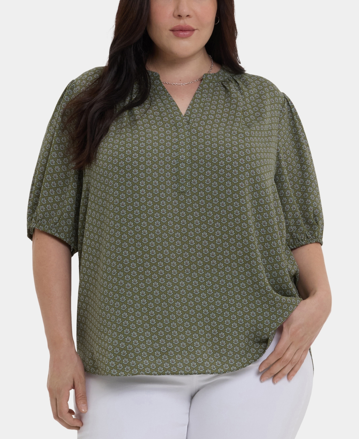 Click here for Nydj Plus Short-Puff-Sleeved Popover Top - Esmeral... prices
