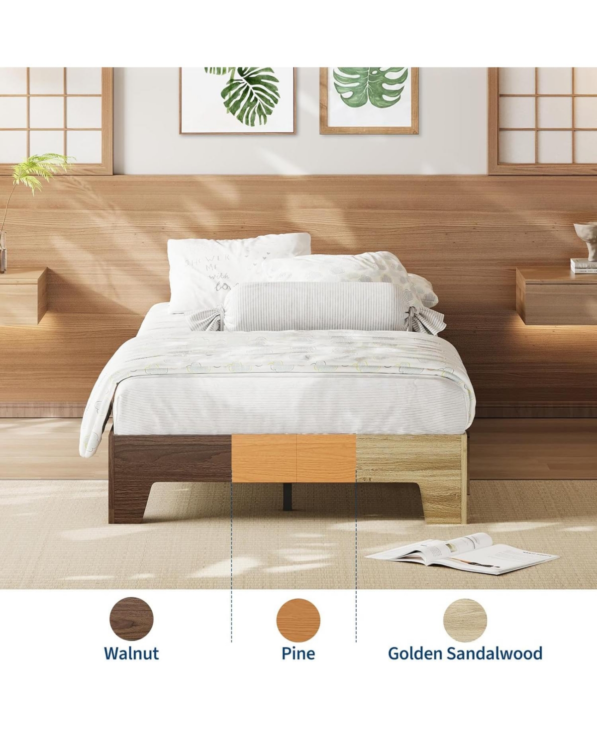gaomon Twin Wood Platform Bed Frame Slat Support Noise Free Underbed Storage Minimalist Pine Easy Assembly - Beige/Khaki