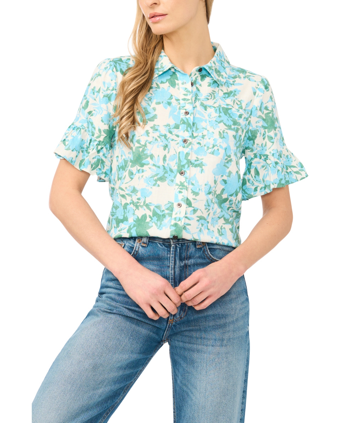Click here for CeCe Womens Short-Sleeve Button-Down Cropped Top -... prices