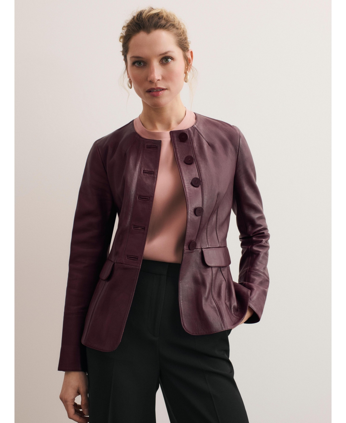 Click here for The Fold Womens Ginevra Leather Jacket - Burgundy prices