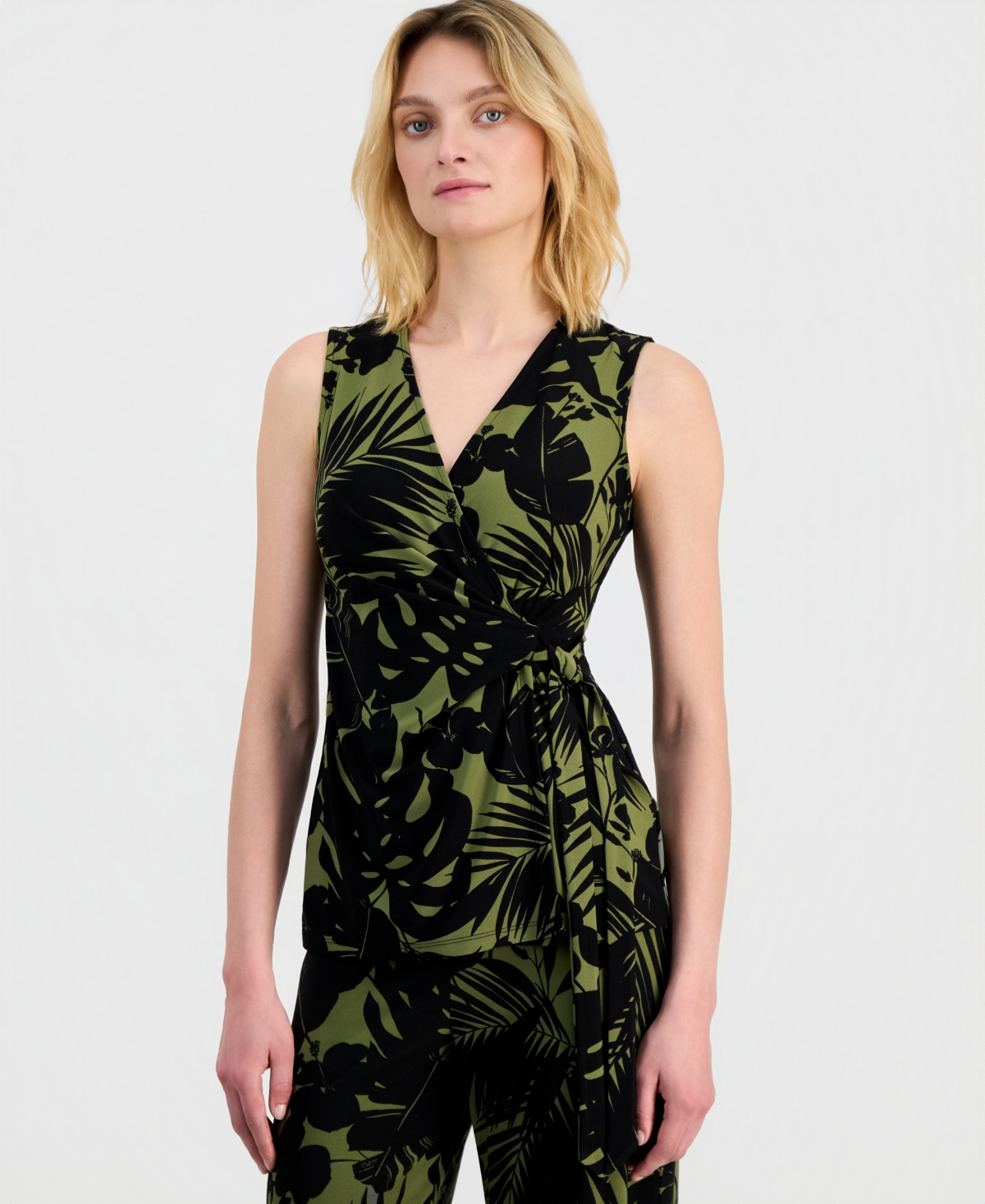 Click here for Anne Klein Womens Printed Sleeveless Faux-Wrap Top... prices