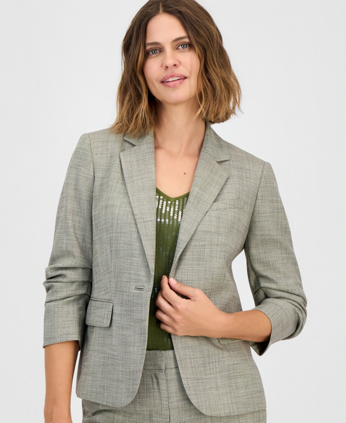 Click here for Anne Klein Womens One-Button Scrunch-Sleeve Blazer... prices