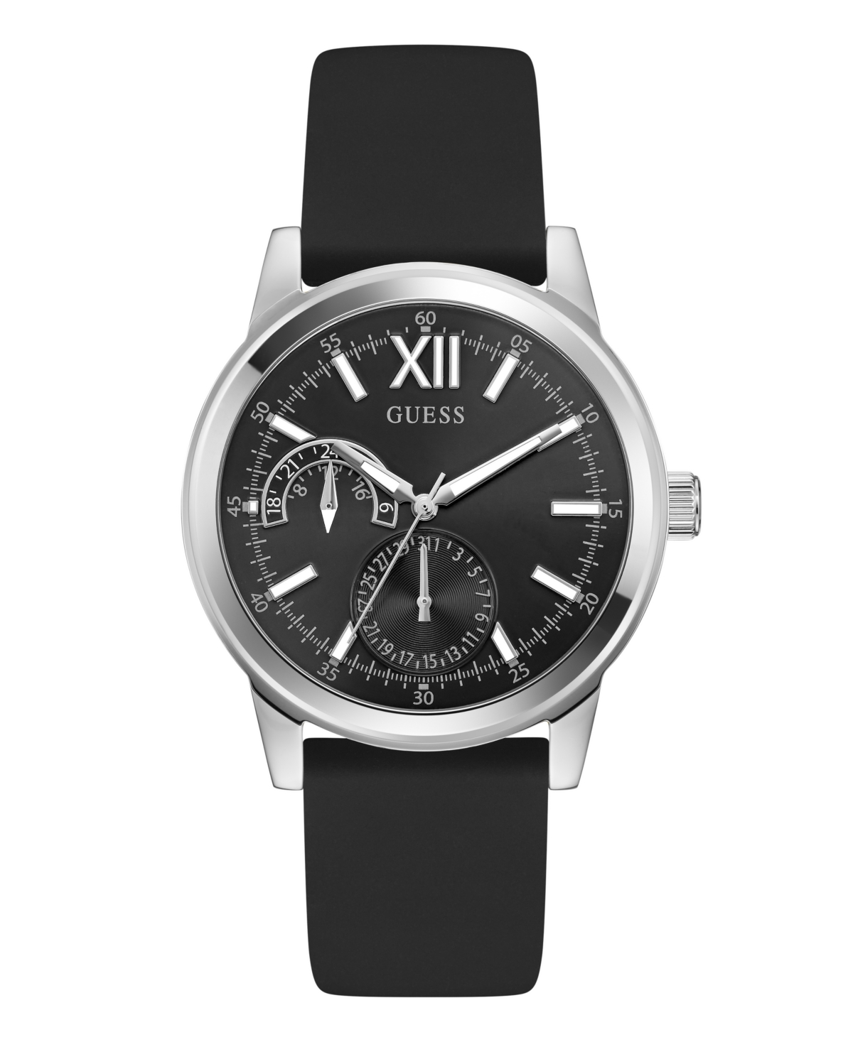 Click here for Guess Mens Silver-Tone Stainles Steel Black Silico... prices