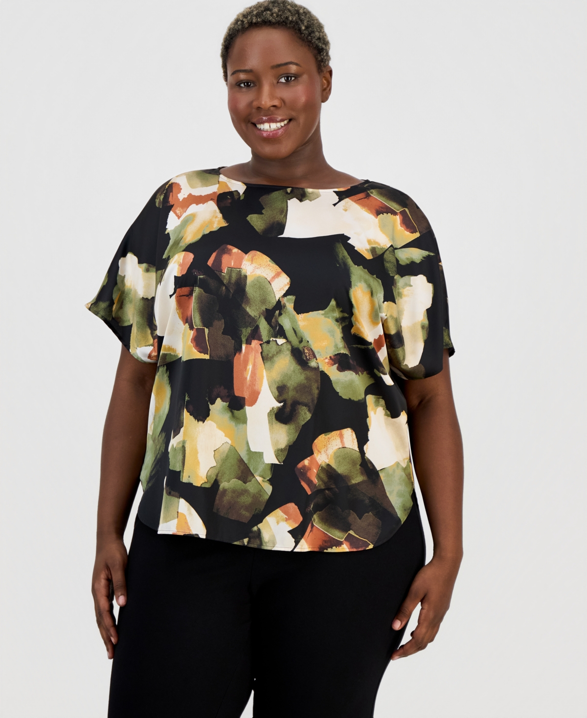 Click here for Anne Klein Plus Size Printed Boat-Neck Short-Sleev... prices