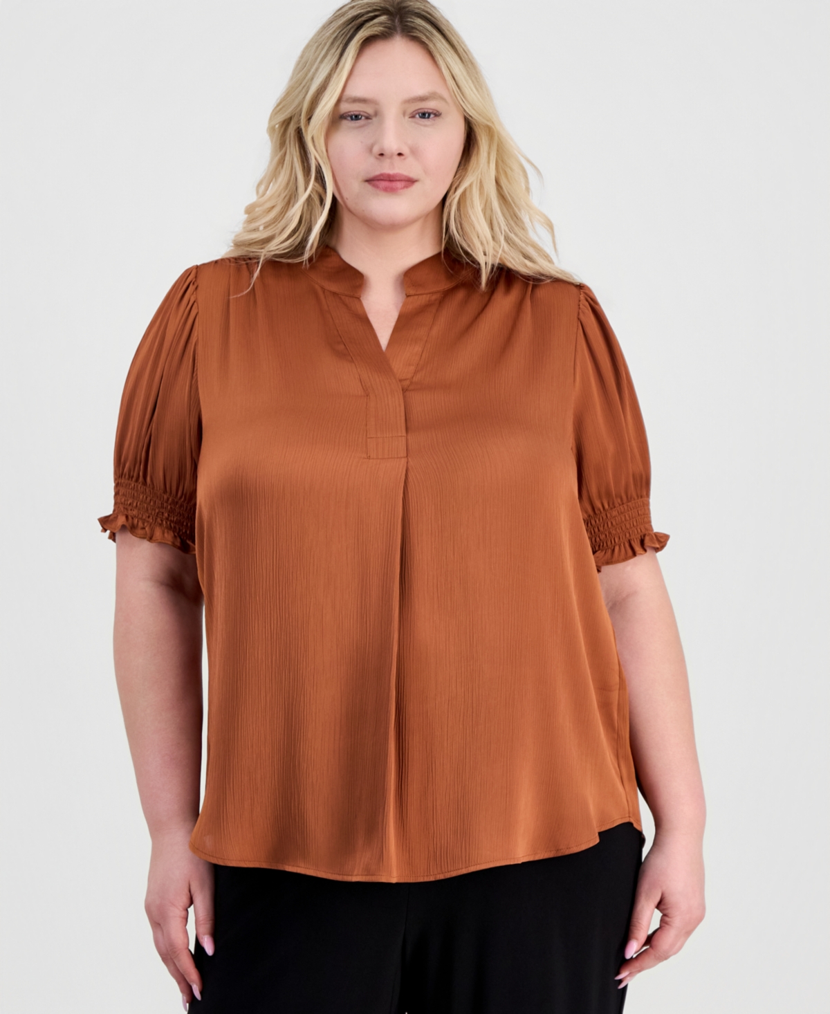 Click here for Anne Klein Plus Size Y-Neck Short Puff Sleeve Blou... prices