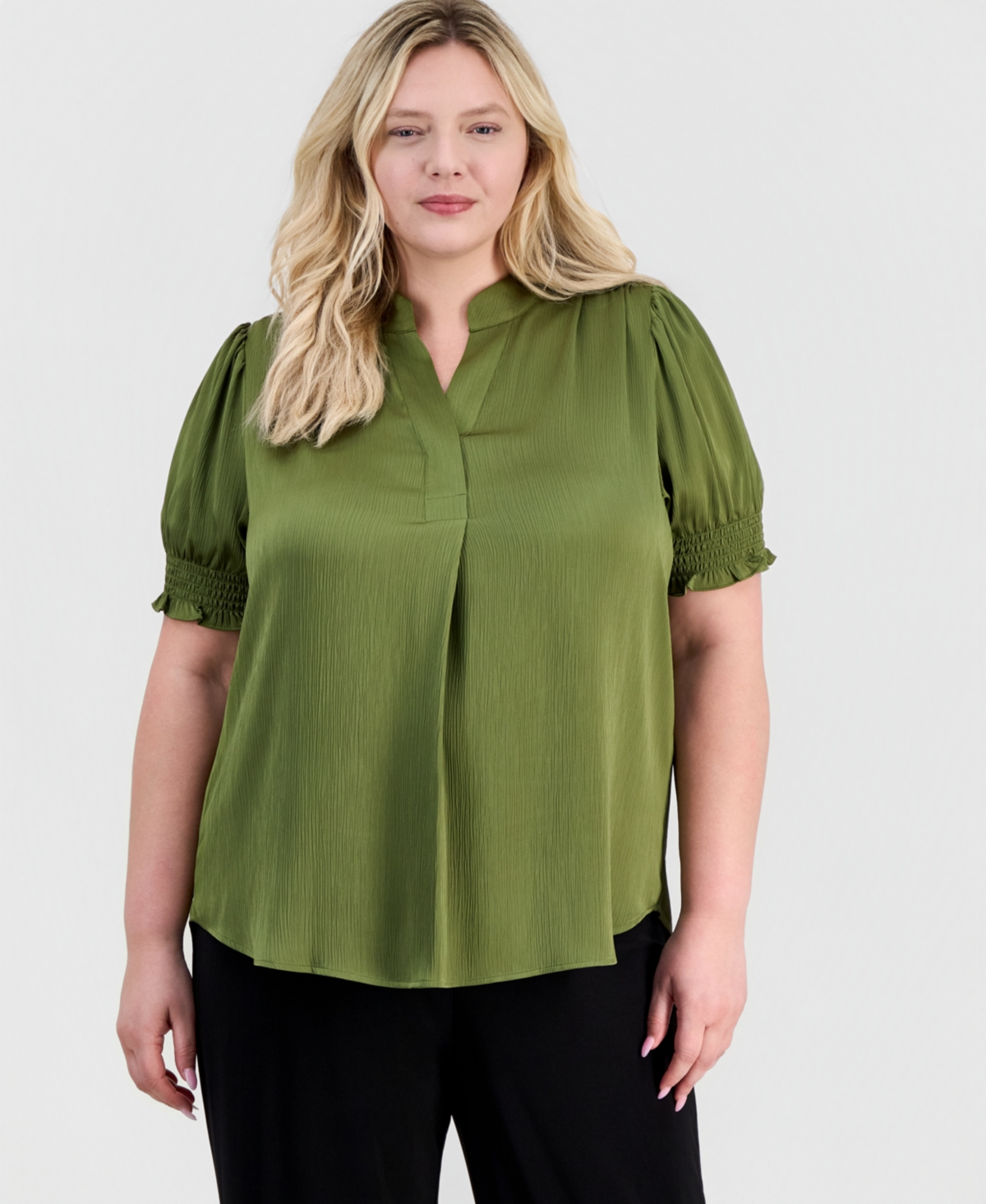 Click here for Anne Klein Plus Size Y-Neck Short Puff Sleeve Blou... prices