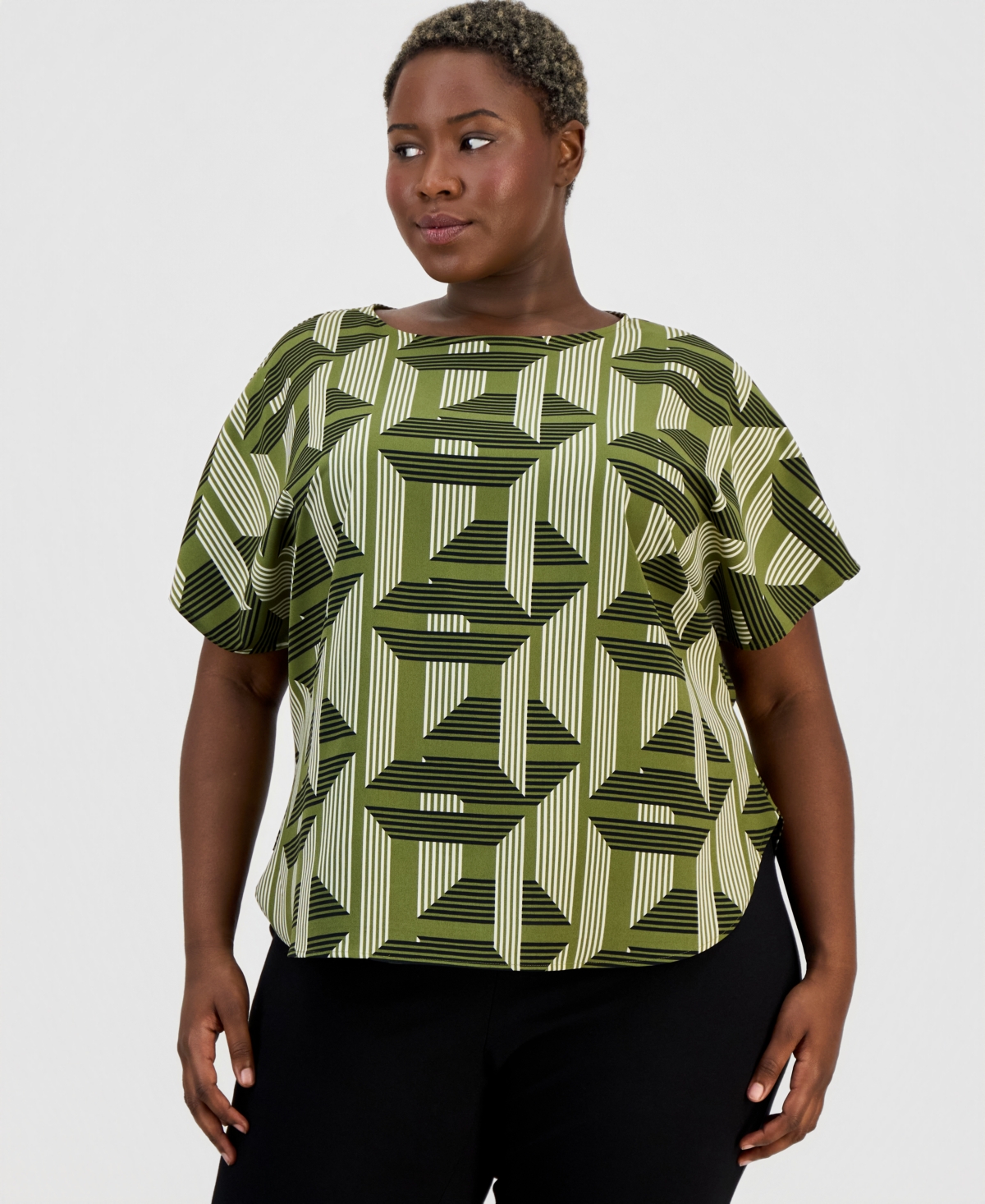 Anne Klein Plus Size Boat-Neck Short-Sleeve Top - Bay Leaf Geo