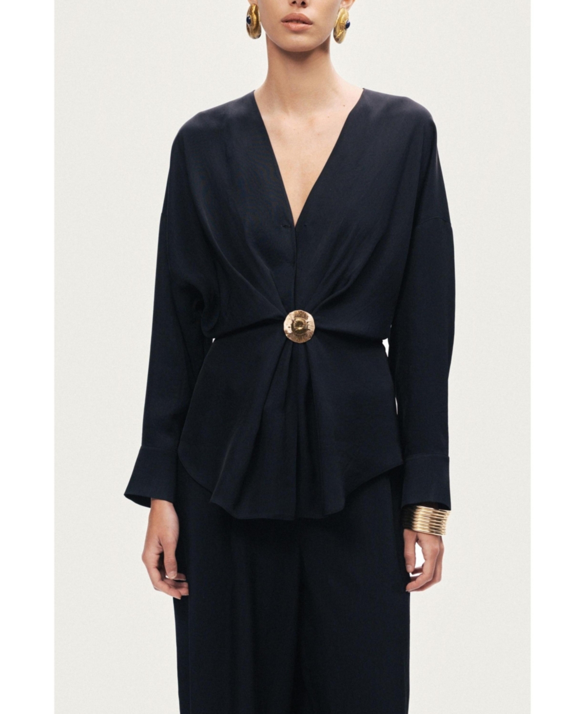 Click here for Nocturne Womens Draped Buckle-Detail Shirt - Black prices