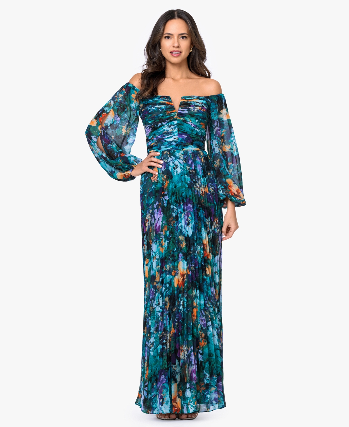 Click here for Xscape Womens Off-The-Shoulder Long-Sleeve Gown -... prices