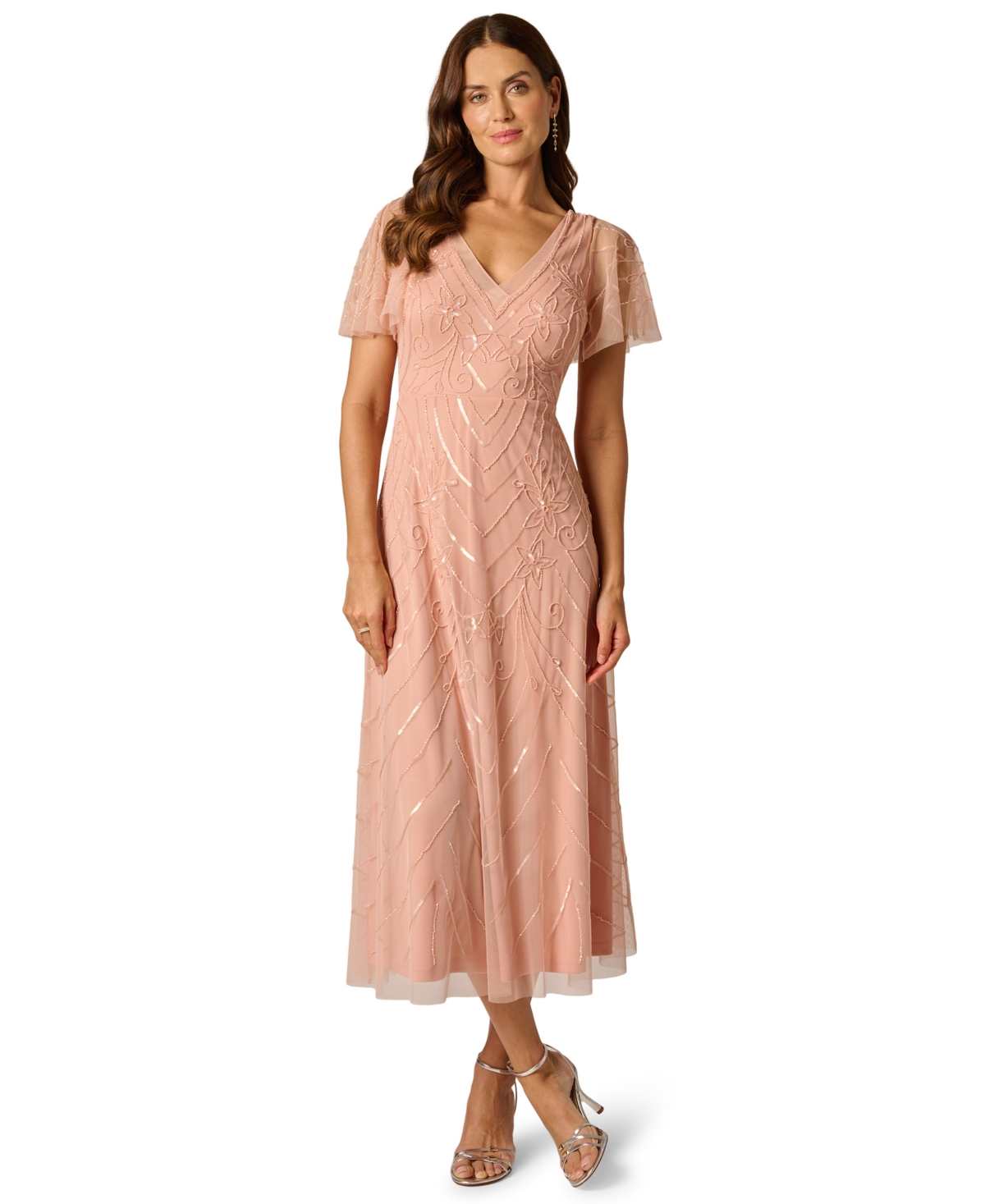 Click here for Adrianna Papell V-Neck Bead Mesh Flutter Dress - C... prices