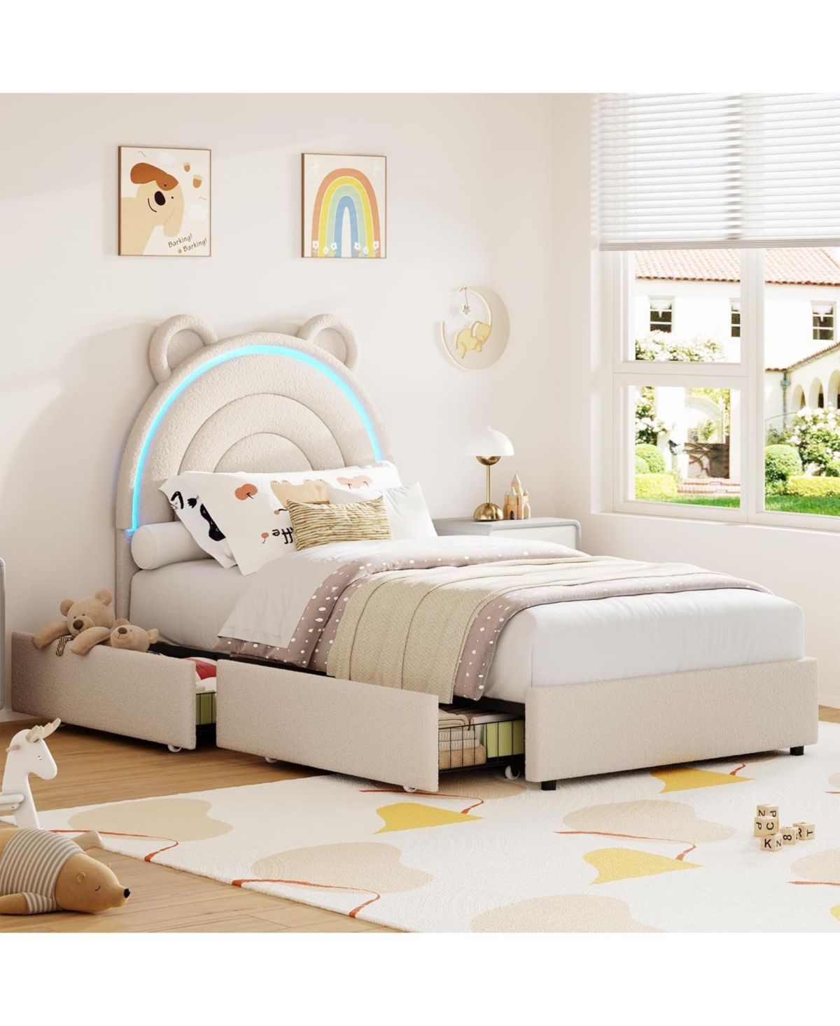 Click here for gaomon Twin Velvet Bed Frame with Bear Headboard... prices