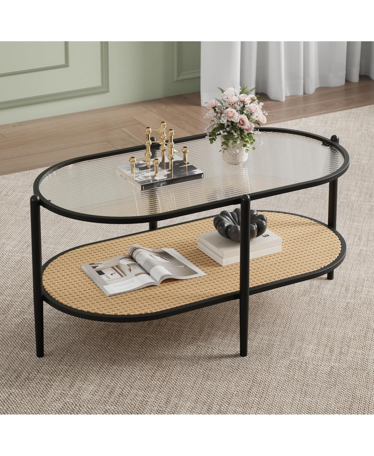 Click here for gaomon 37 2-Tier Rattan Oval Coffee Table with Sto... prices