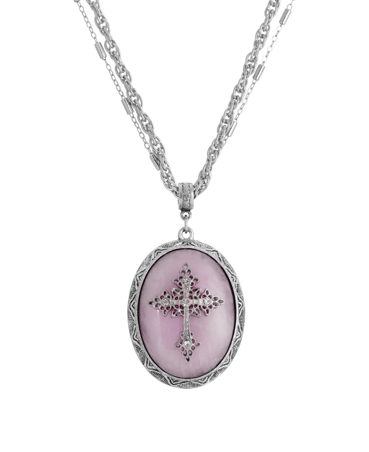 Click here for Symbols of Faith Pewter Cross Oval Rose Quartz Nec... prices