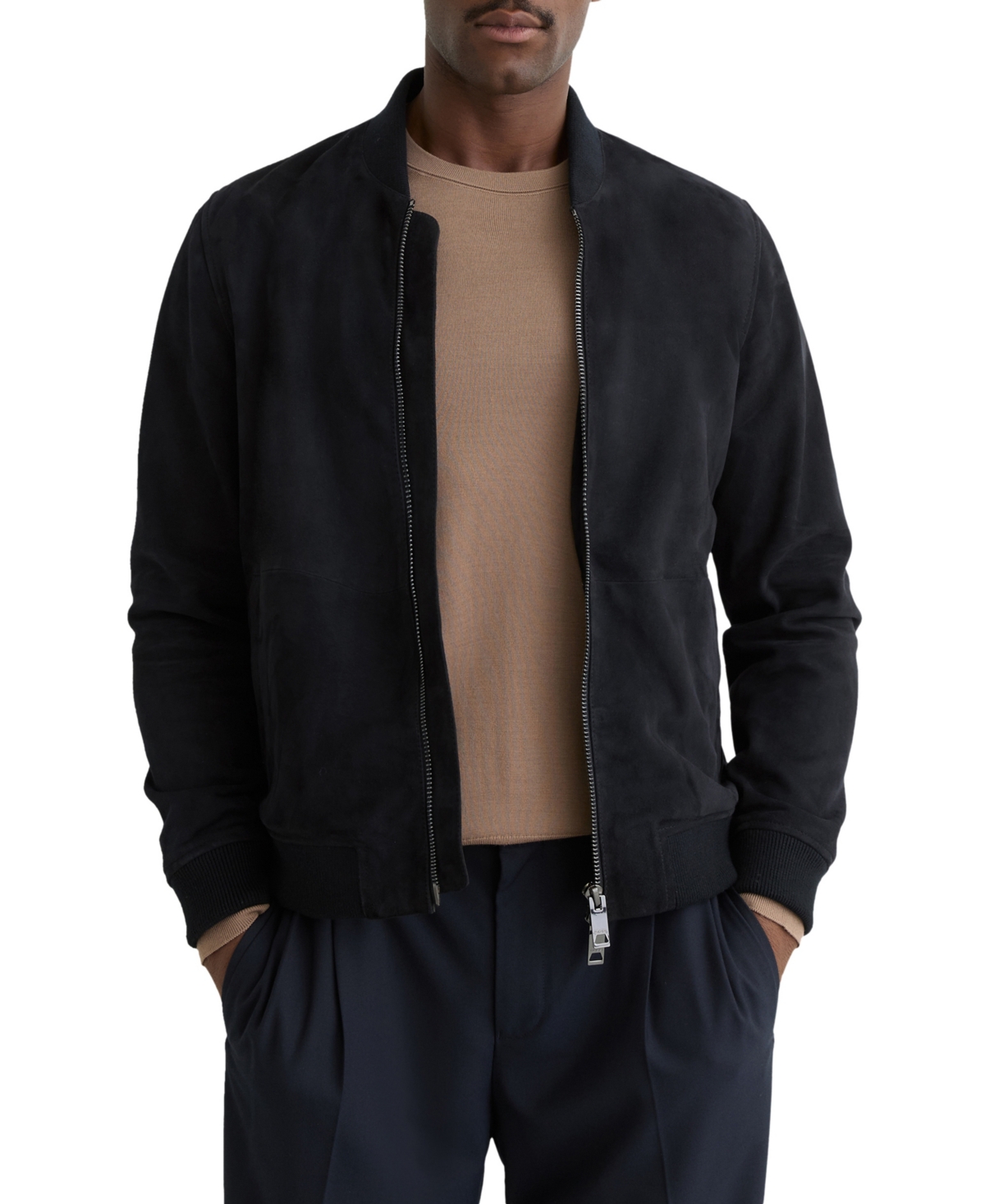 Click here for Reiss Mens Suede Zip-Through Bomber Jacket - Navy prices