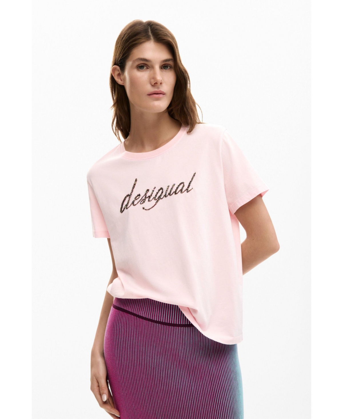 Click here for Desigual Womens Embroidered Logo T-Shirt - Pink prices