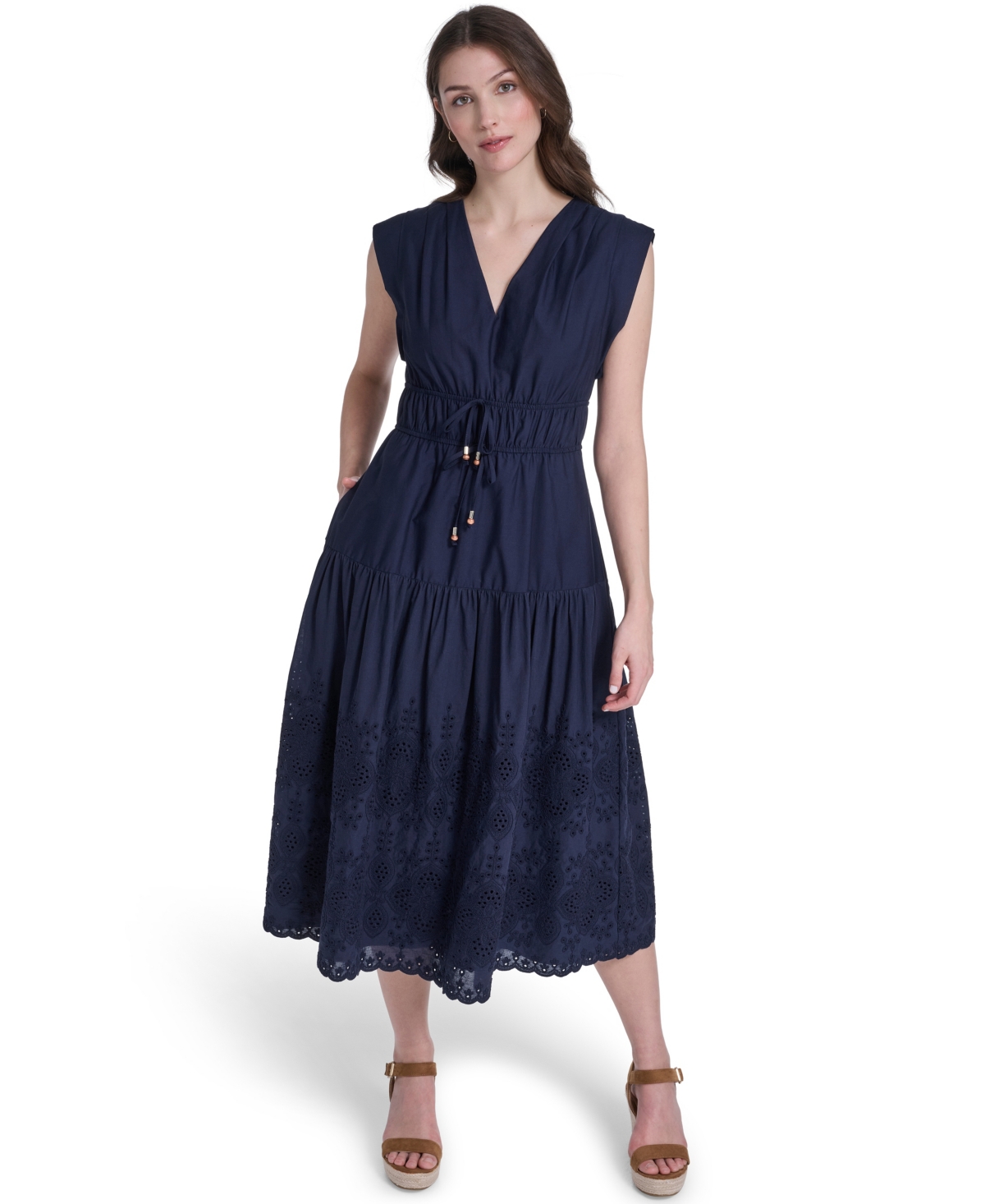 Click here for Eliza J Womens V-Neck Tiered Midi Dress - Navy prices