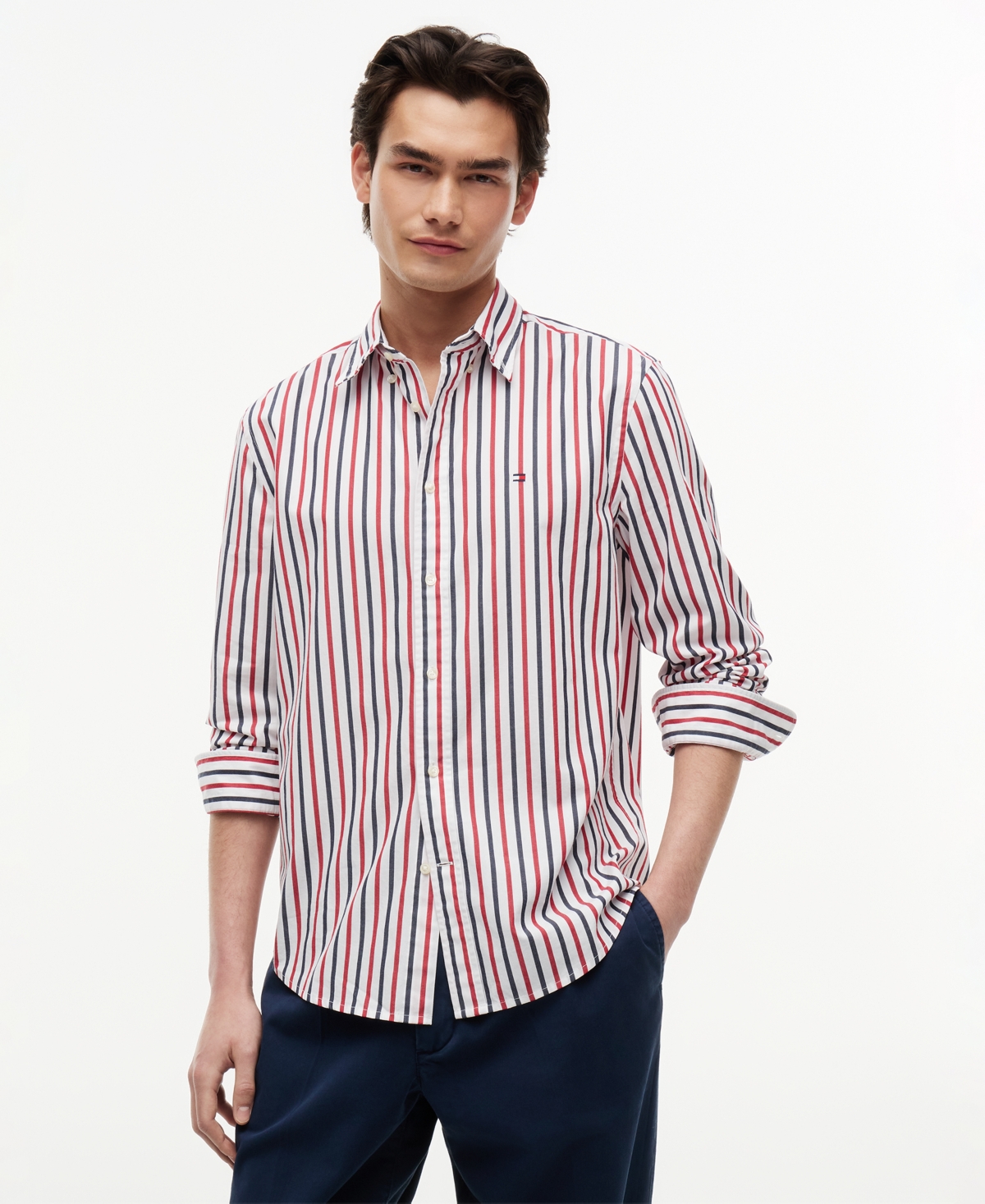 Click here for Tommy Hilfiger Mens Flex Poplin Stripe Shirt - Med... prices
