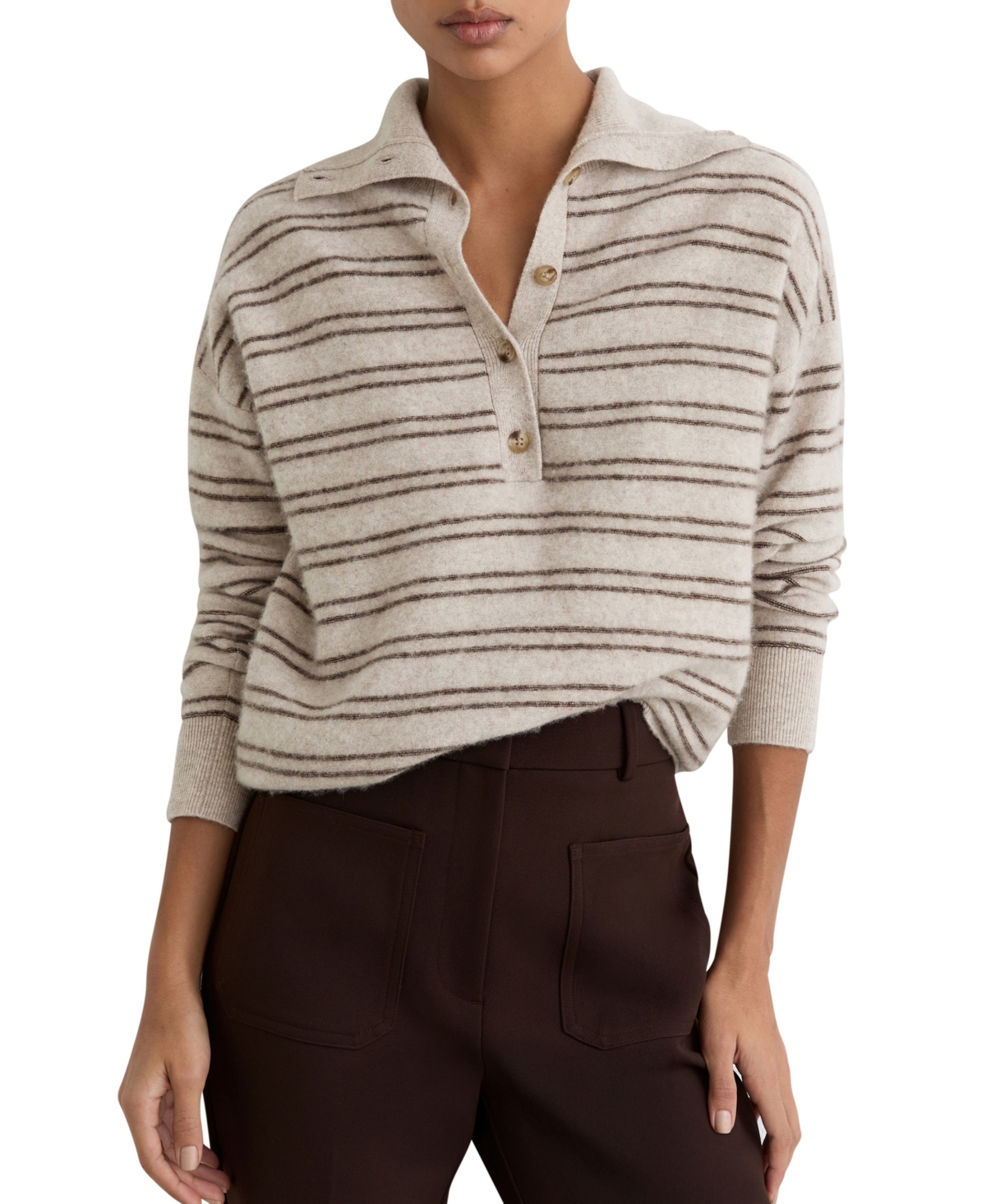 Click here for Reiss Womens Evana Wool-Cashmere Stripe Buttoned J... prices