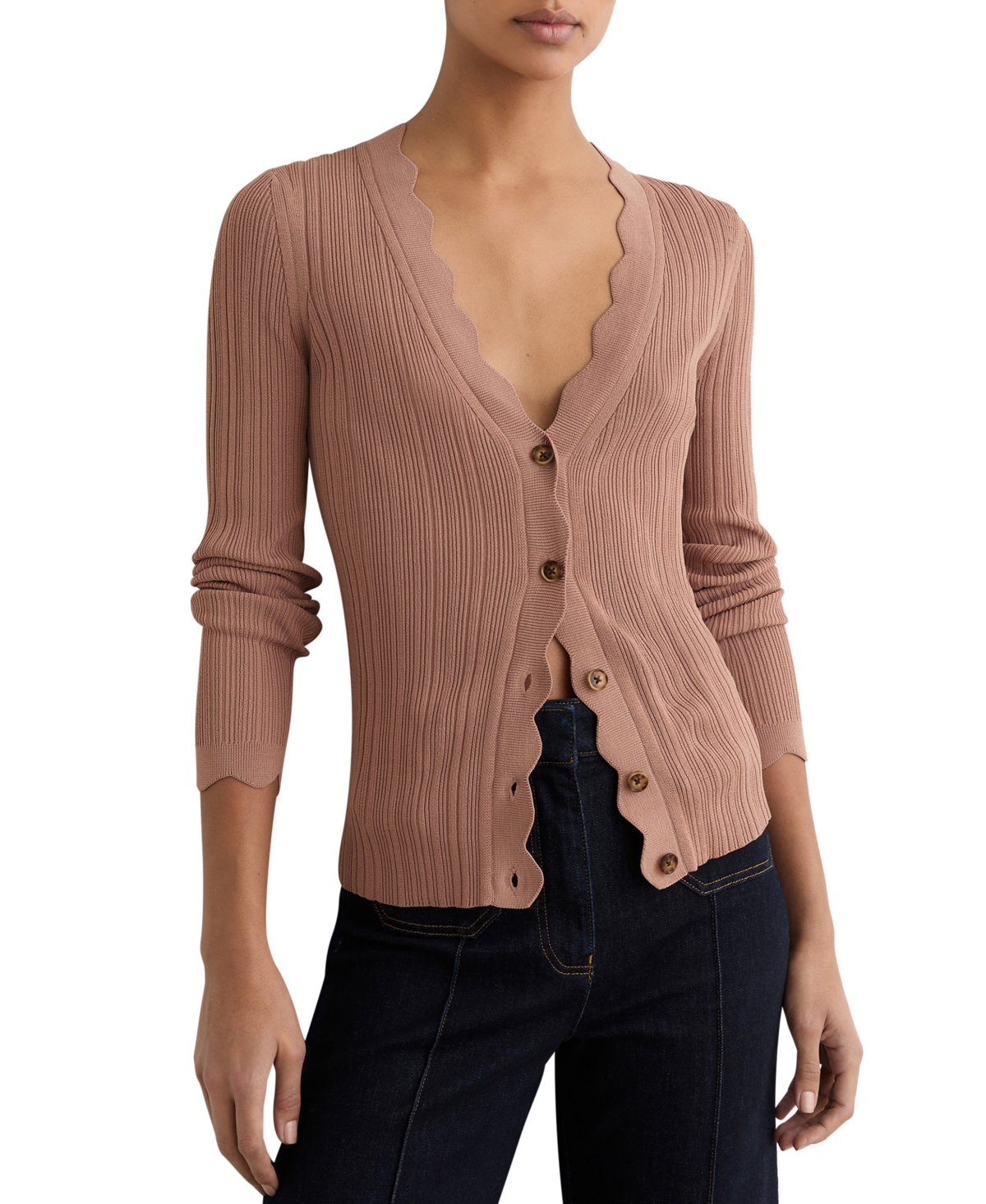 Click here for Reiss Womens Vinny Rib-Knit Scallop-Trim Cardigan... prices