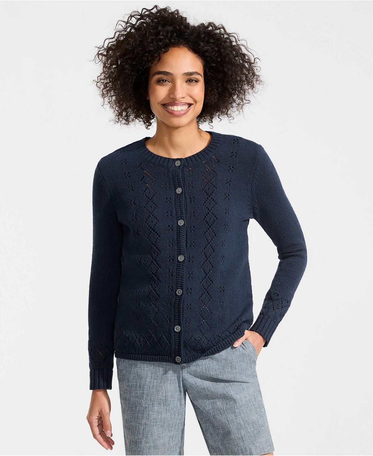 Click here for Lands End Womens Pointelle Crew Neck Cardigan Swea... prices