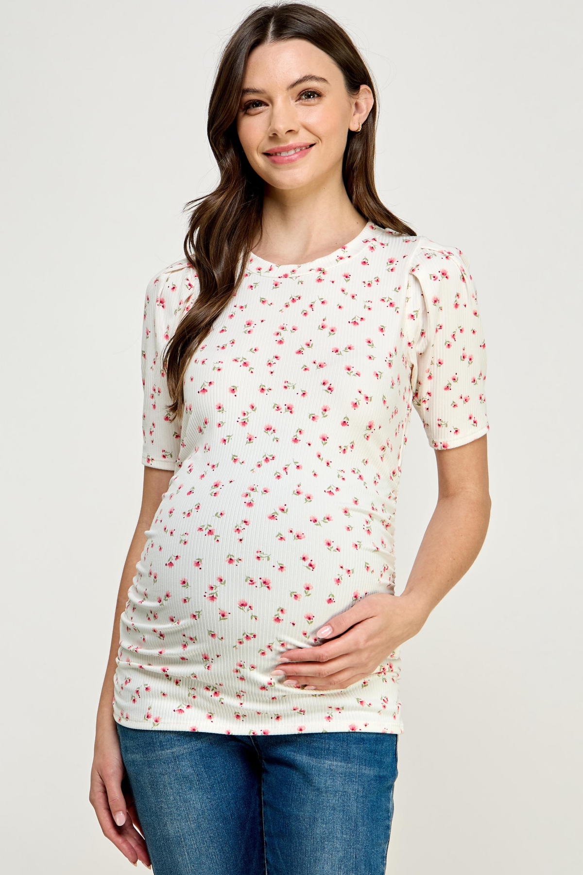 Click here for Hello Miz Maternity Floral Ribbed Ruched Puff-Slee... prices