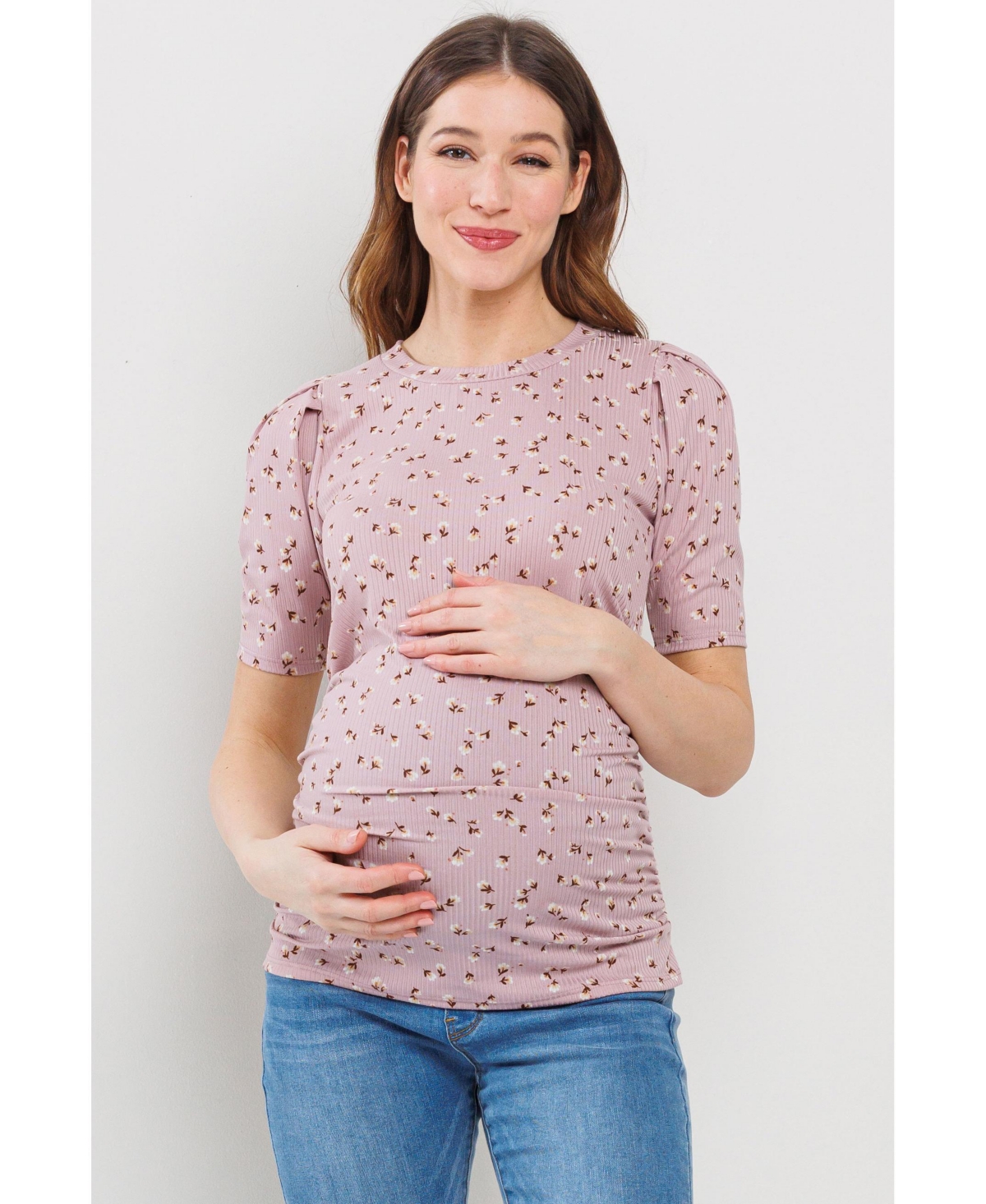 Click here for Hello Miz Maternity Floral Ribbed Ruched Puff-Slee... prices