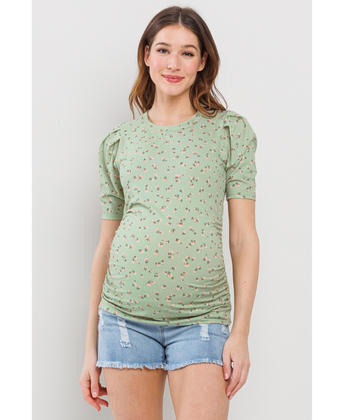 Click here for Hello Miz Maternity Floral Ribbed Ruched Puff-Slee... prices