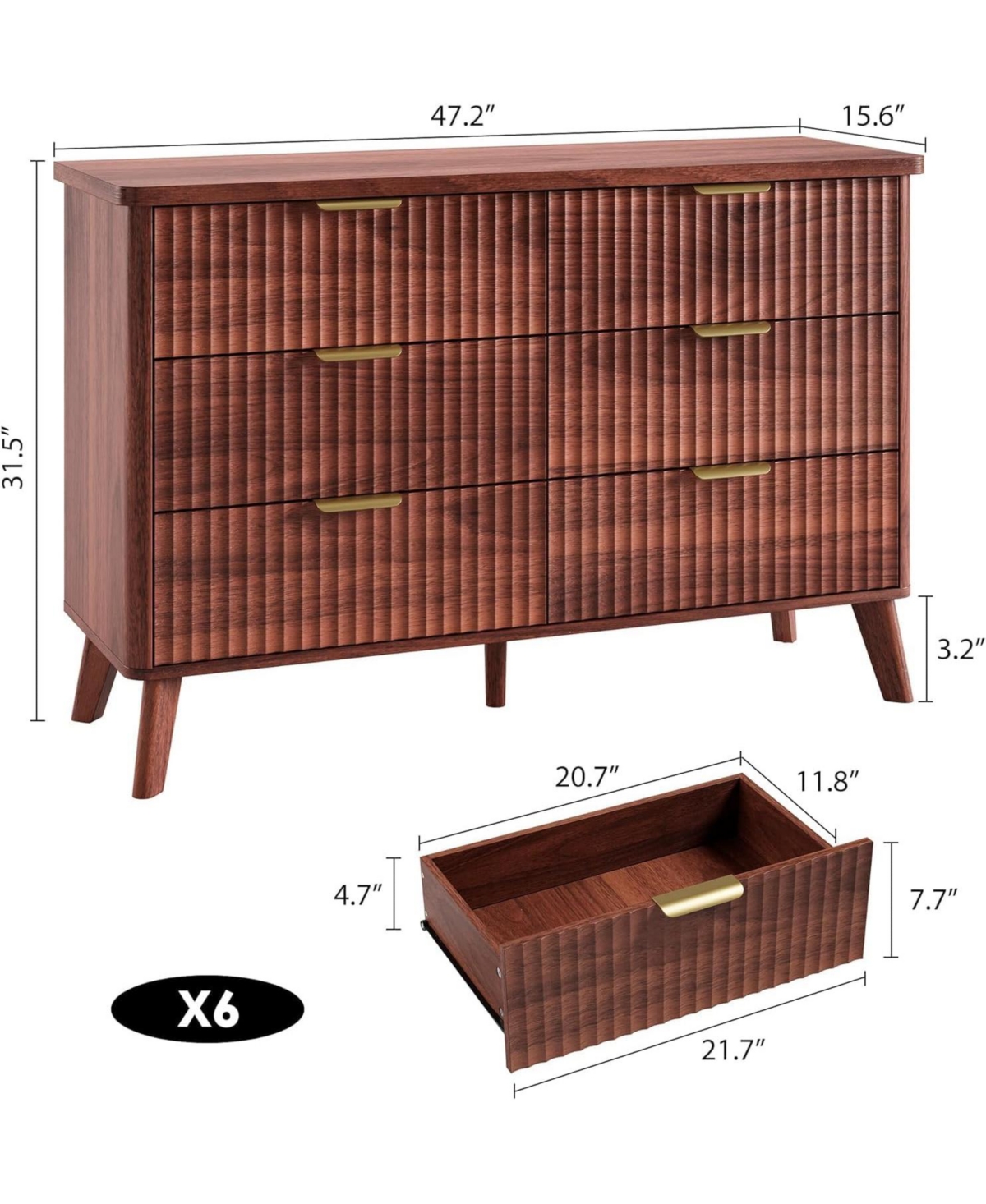 Click here for gaomon Walnut Modern Fluted 6-Drawer Dresser  Curv... prices