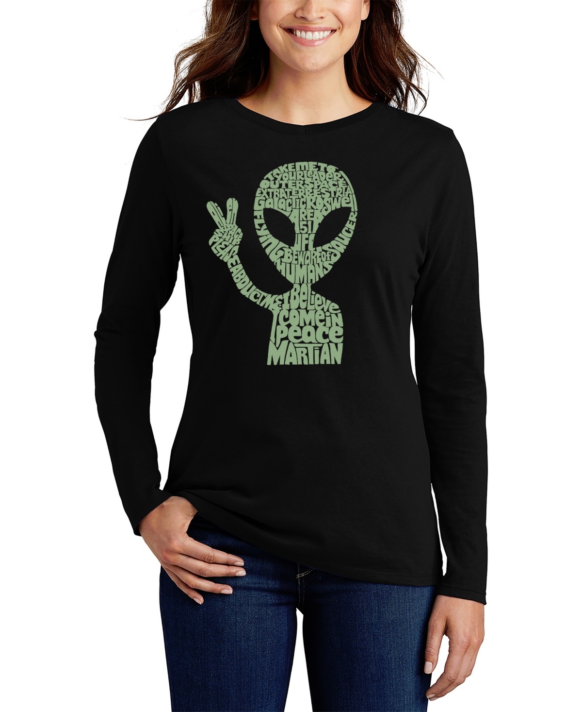 Click here for La Pop Art Womens Peace Alien Word Art Flowy T-Shi... prices