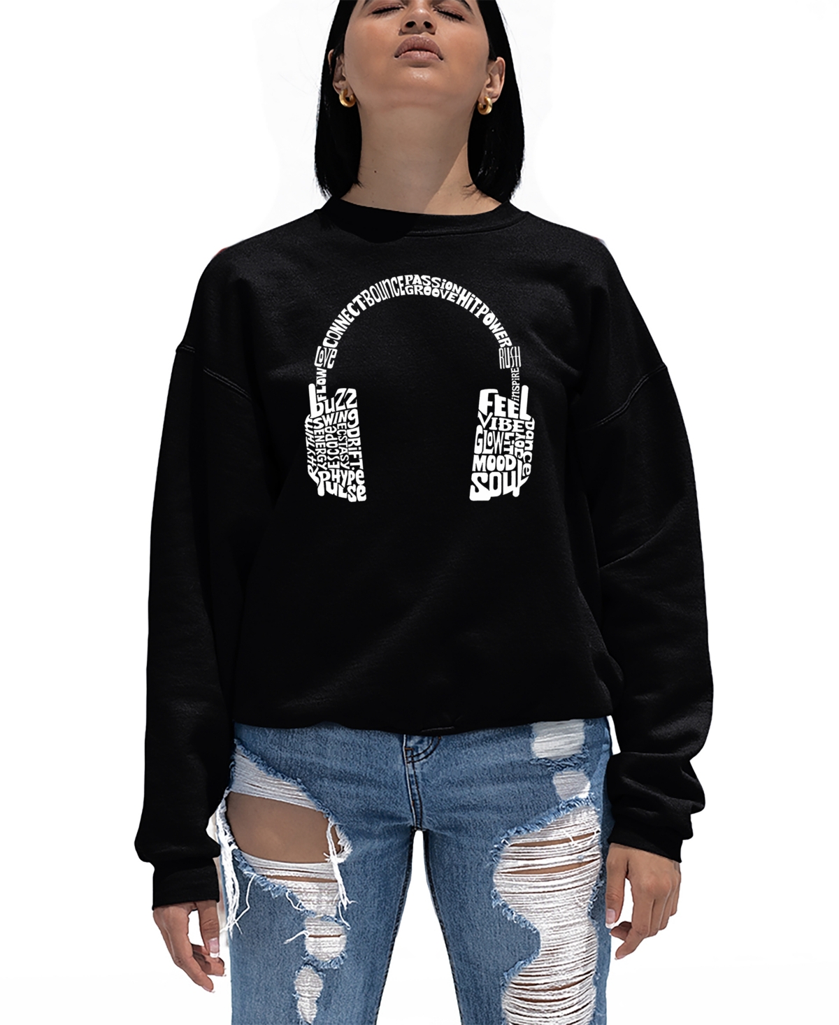 Click here for La Pop Art Womens Mood Headphones Word Art Crewnec... prices