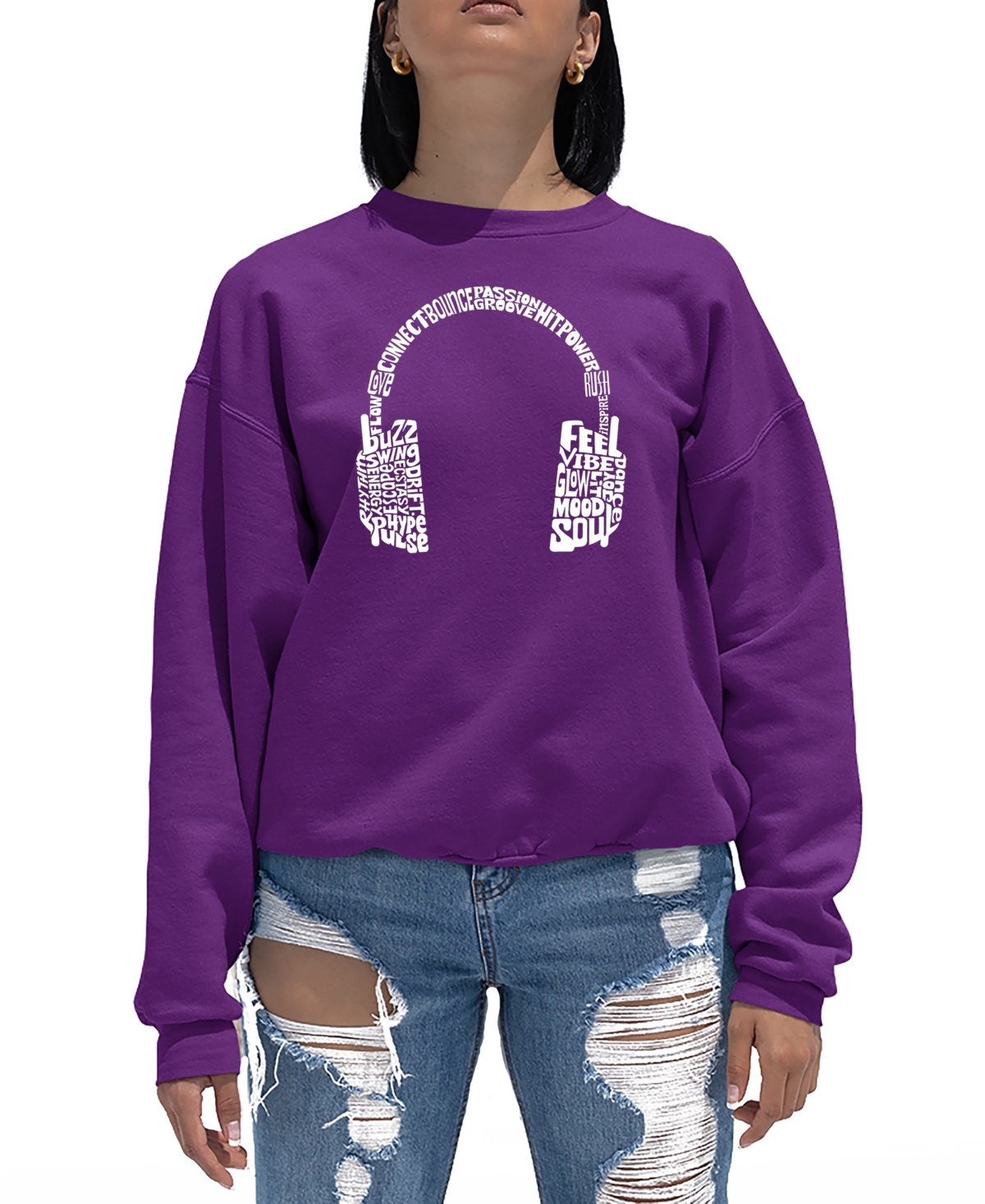 Click here for La Pop Art Womens Mood Headphones Word Art Crewnec... prices