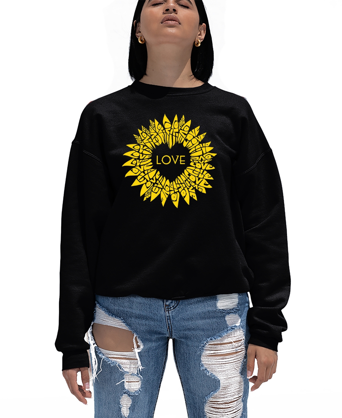 Click here for La Pop Art Womens Sunflower Love Word Art Crewneck... prices
