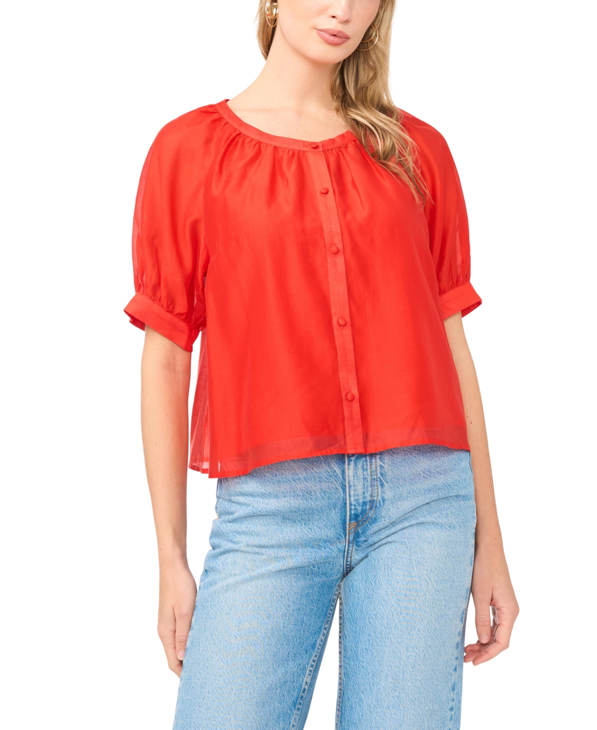 Click here for Vince Camuto Womens Crewneck Button Down Short-Sle... prices