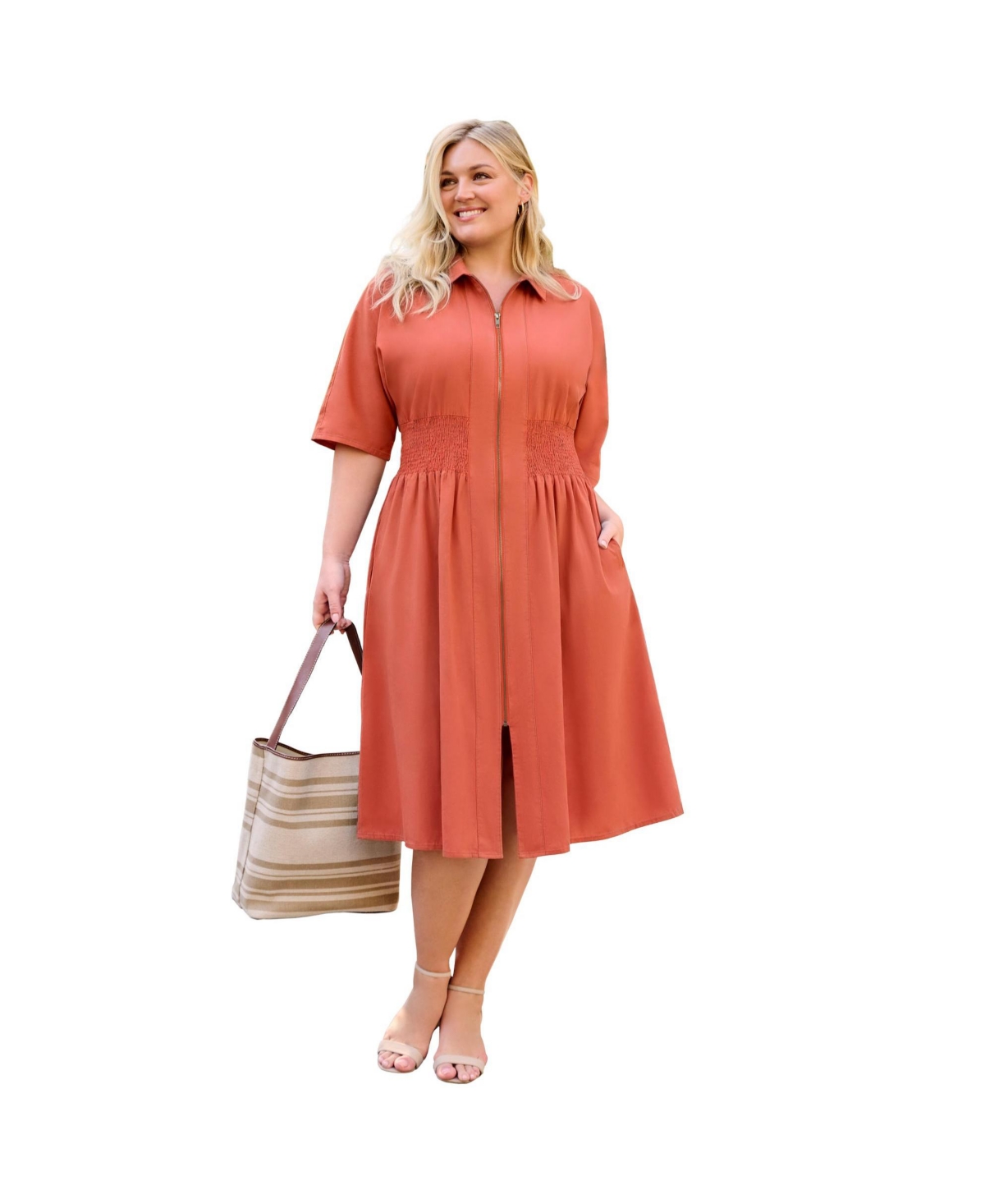 Click here for Avenue Womens Smocked Zip Front Dress - Burnt oran... prices