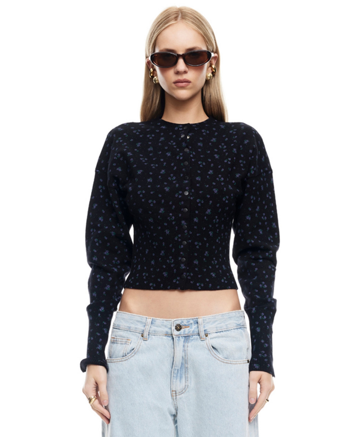 Click here for Lioness Womens Shimmer Shift Sweater - Onyx Floral prices