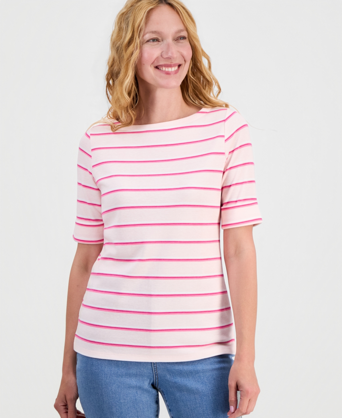 Click here for Style & Co Womens Printed Boat-Neck Elbow-Sleeve T... prices
