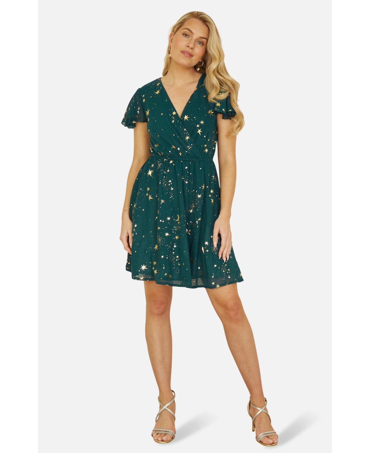 Click here for Yumi Womens Foil Star Print Wrap Skater Dress - Gr... prices