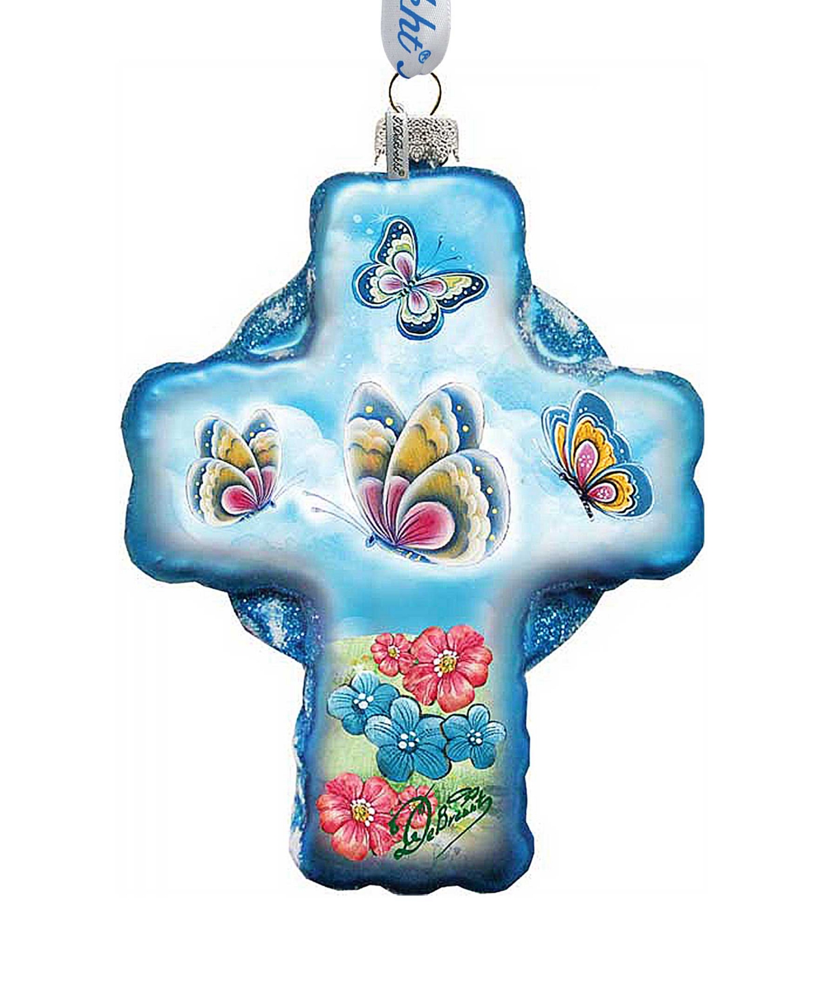 Click here for G.DeBrekht Blue Butterflies Cross Glass Ornament -... prices