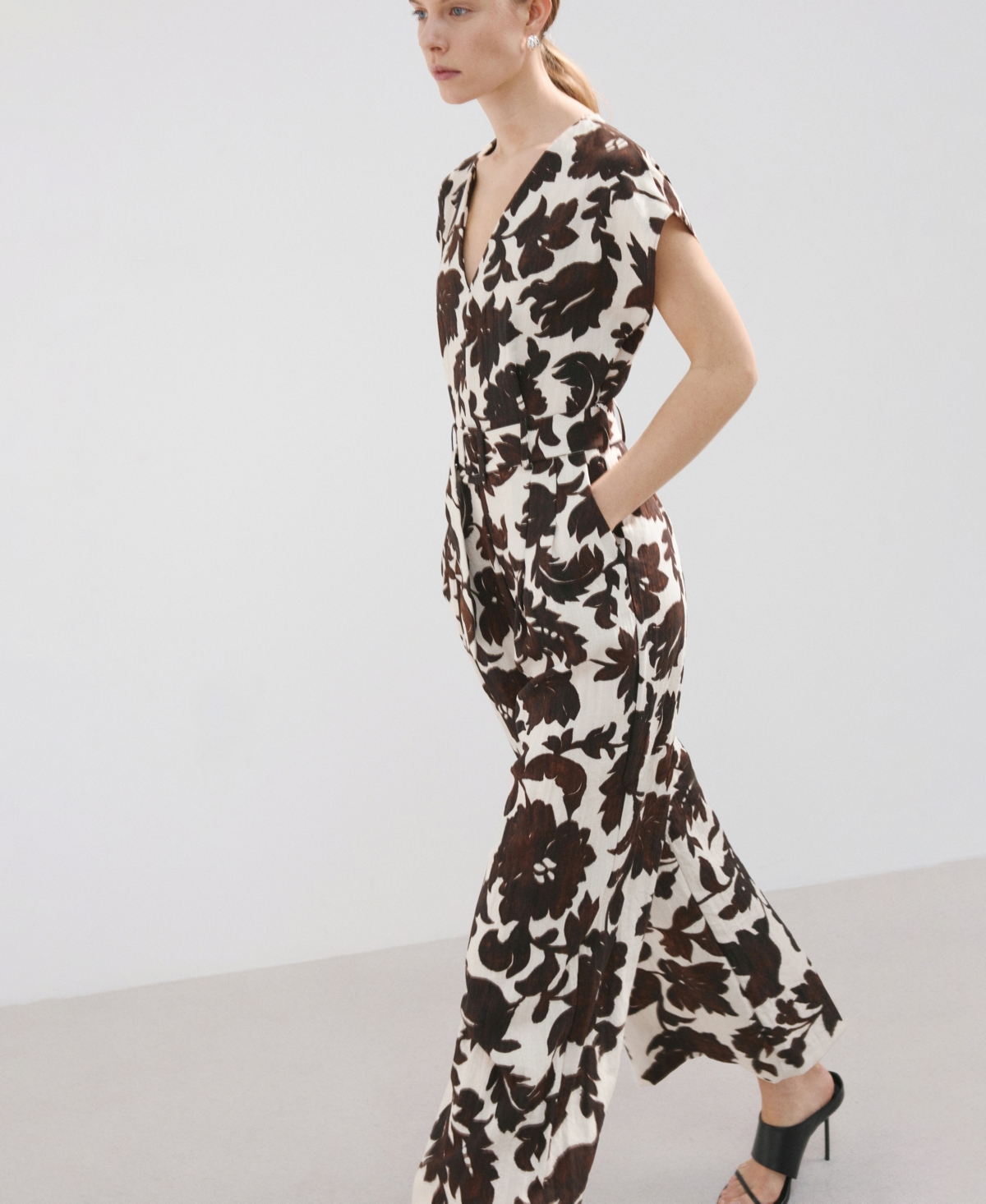 Click here for Mango Womens Floral Print Belted Jumpsuit - Ecru prices