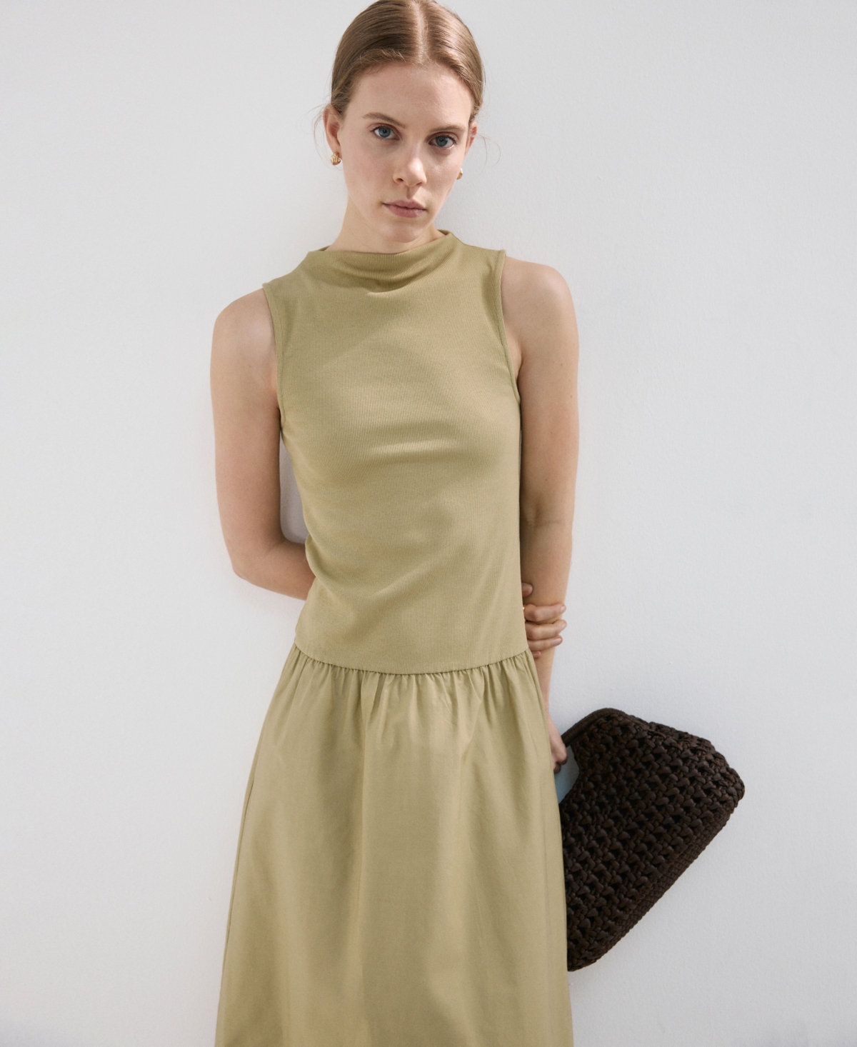 Click here for Mango Womens Contrast-Bodice Dress - Olive Green prices
