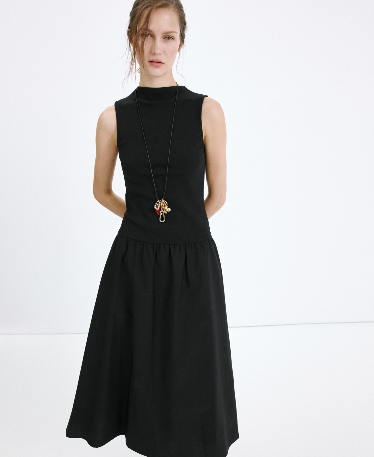 Click here for Mango Womens Contrast-Bodice Dress - Black prices