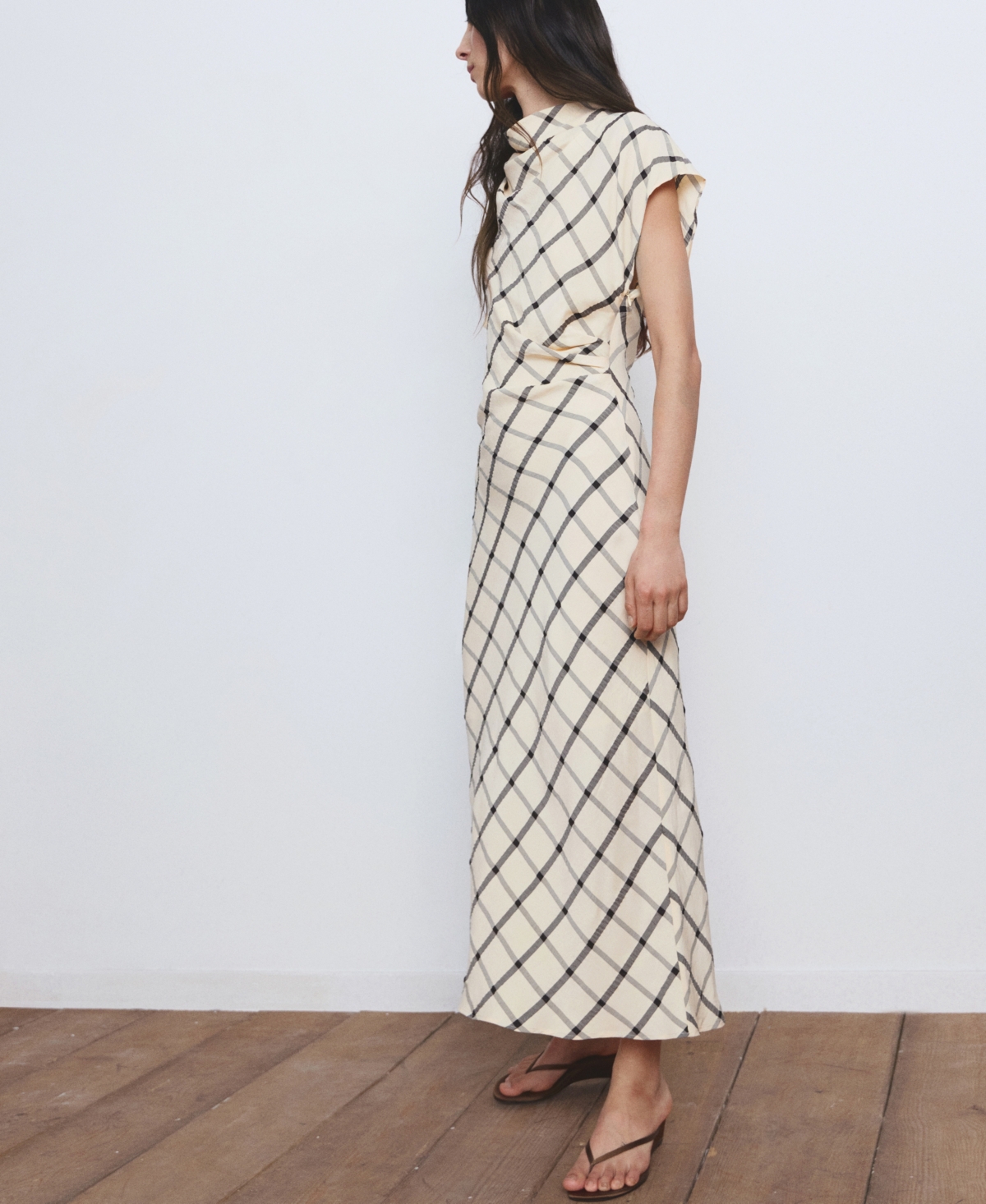 Click here for Mango Womens Draped Neckline Checked Dress - Ecru prices