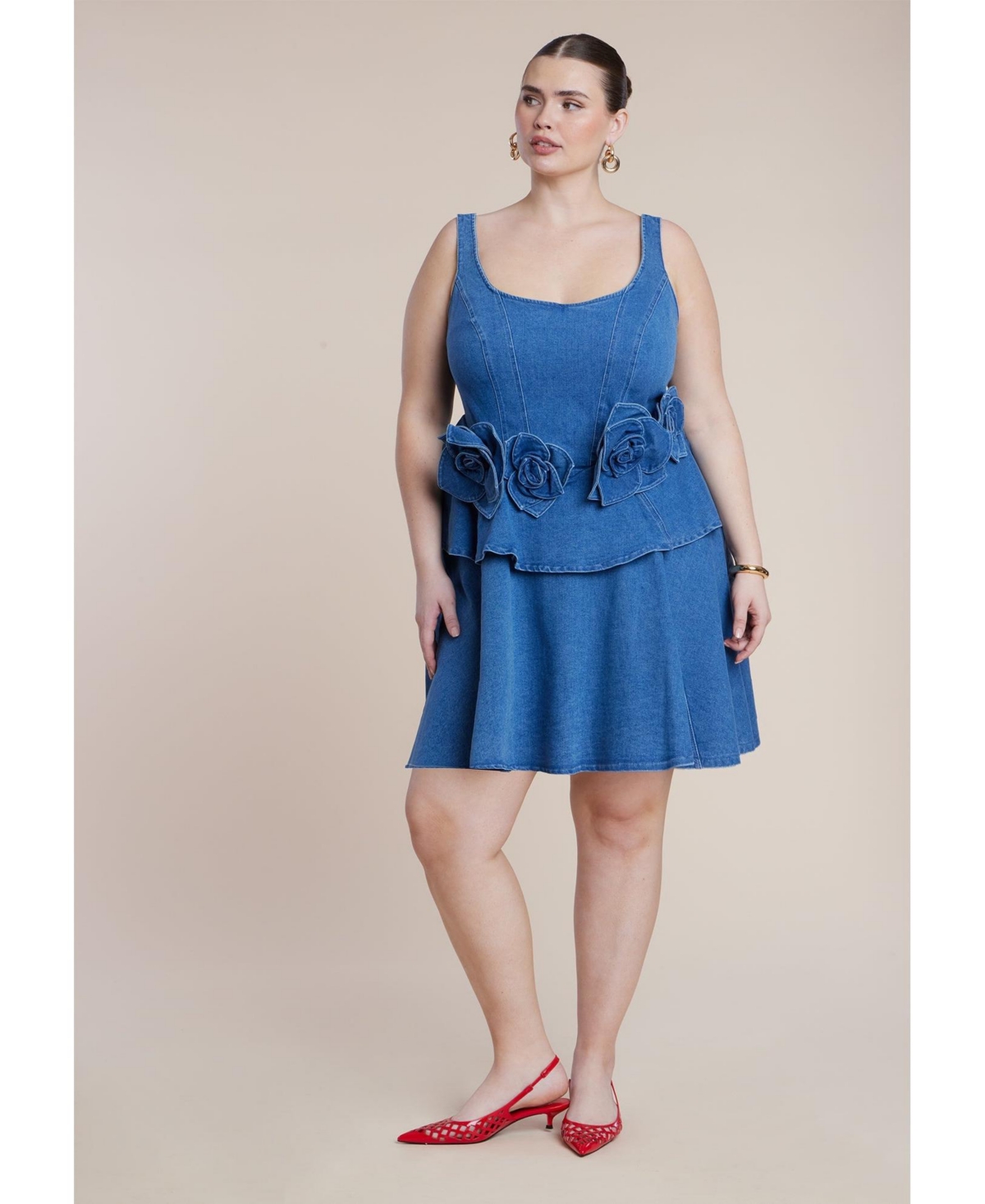 Click here for Eloquii Womens Denim Flower Applique Mini Dress -... prices