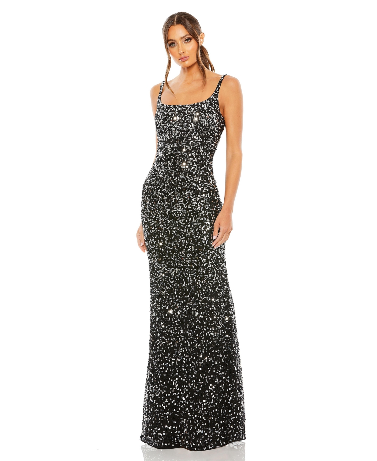 Click here for Mac Duggal Petite Sequined Low Back Slip Gown - Bl... prices