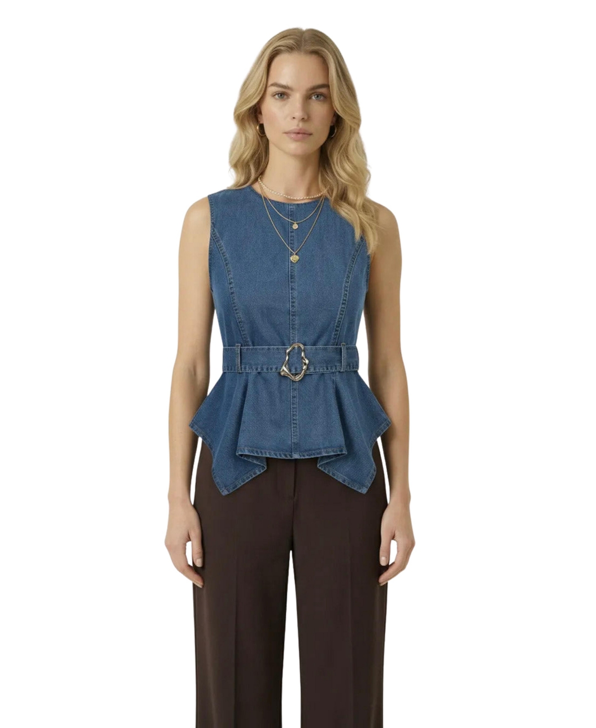 Click here for Modenaire Womens Belted Denim Peplum Top - Blue prices
