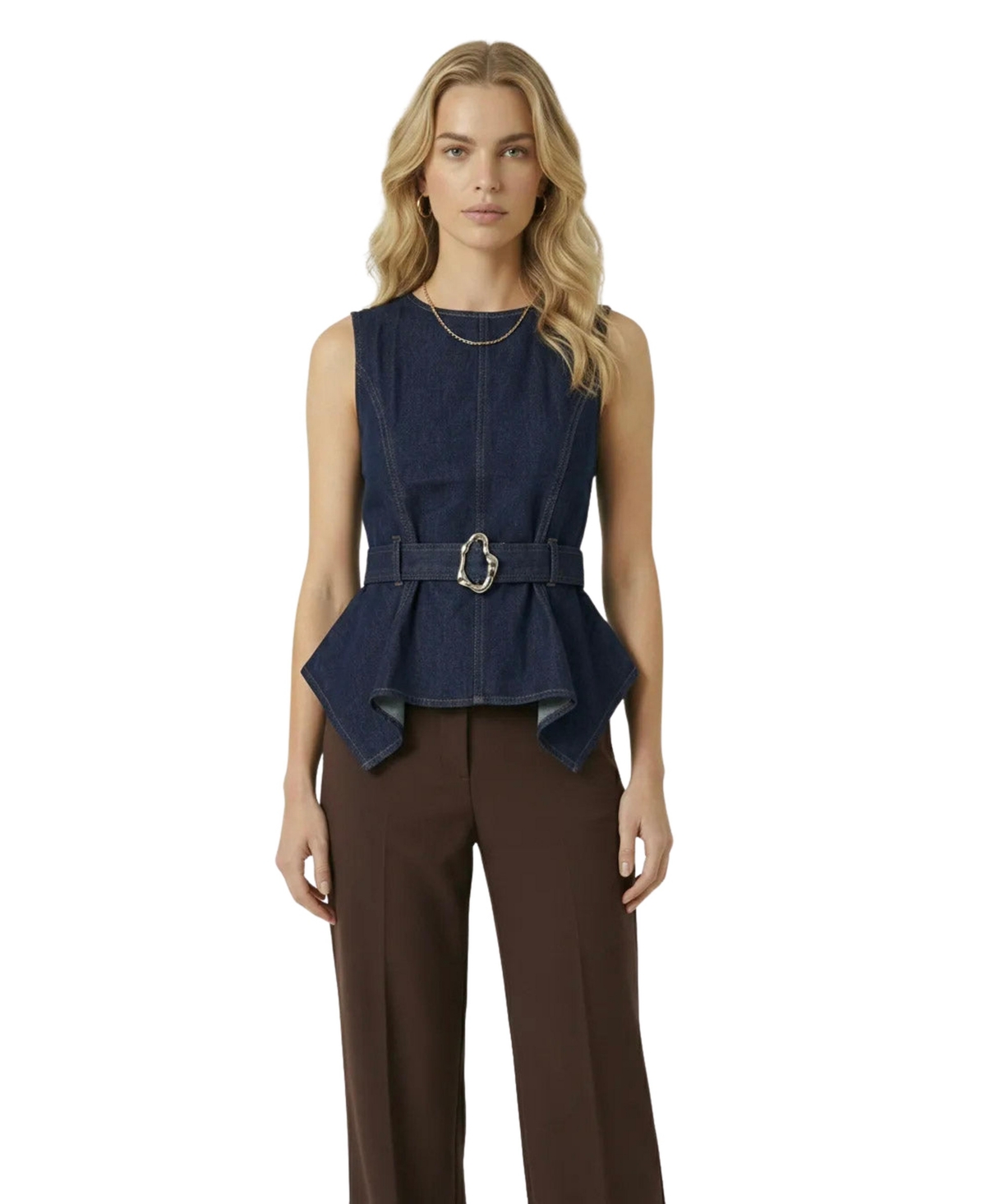 Click here for Modenaire Womens Belted Denim Peplum Top - Navy prices