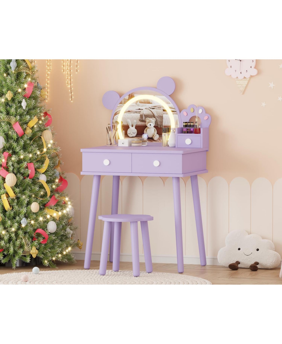 Click here for Homfan Bear-Shaped Lighted Mirror Kids Vanity Tabl... prices