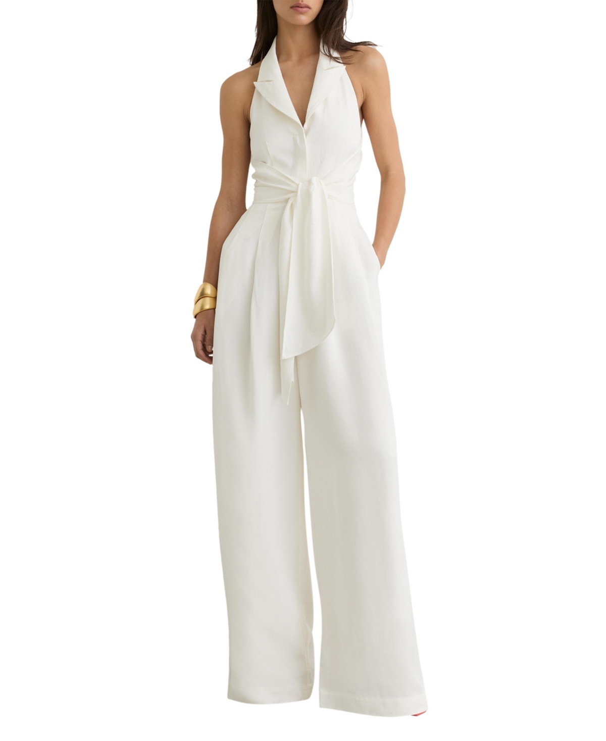 Click here for Reiss Womens Tie-Front Wide-Leg Jumpsuit - Ivory prices