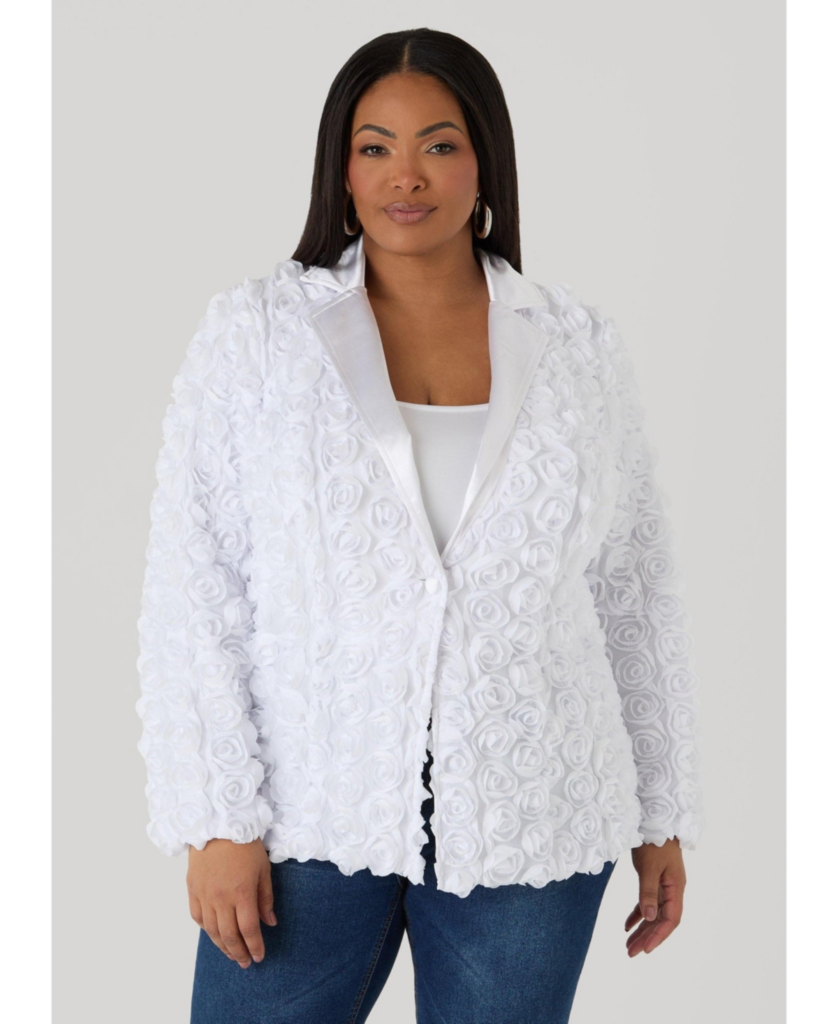 Click here for Ashley Stewart Womens Satin Paneled Rosette Blazer prices